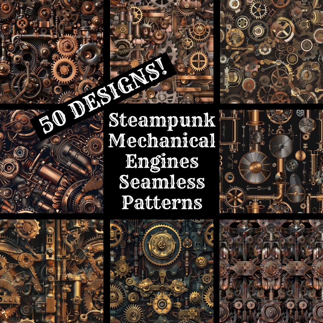 Steampunk Mechanical Engines Seamless Patterns: 50 PNG Digital Papers ...