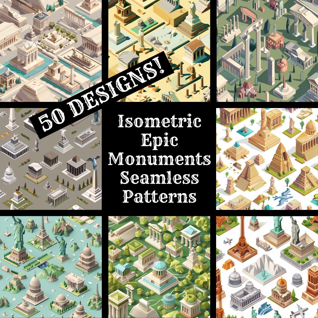 Isometric Monuments Seamless Pattern: 50 PNG Digital Papers (digital ...