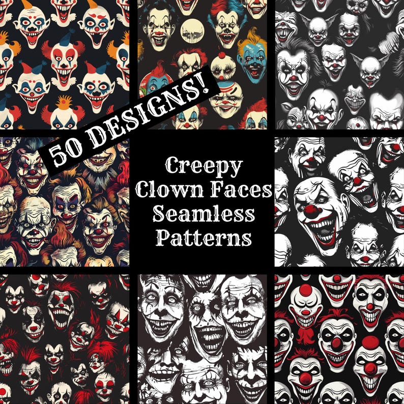 Creepy Clown Faces Seamless Pattern: 50 PNG Digital Papers (digital ...
