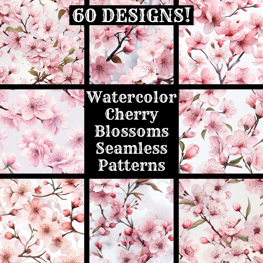 Watercolor Cherry Blossom Seamless Patterns: 60 PNG Digital Papers ...