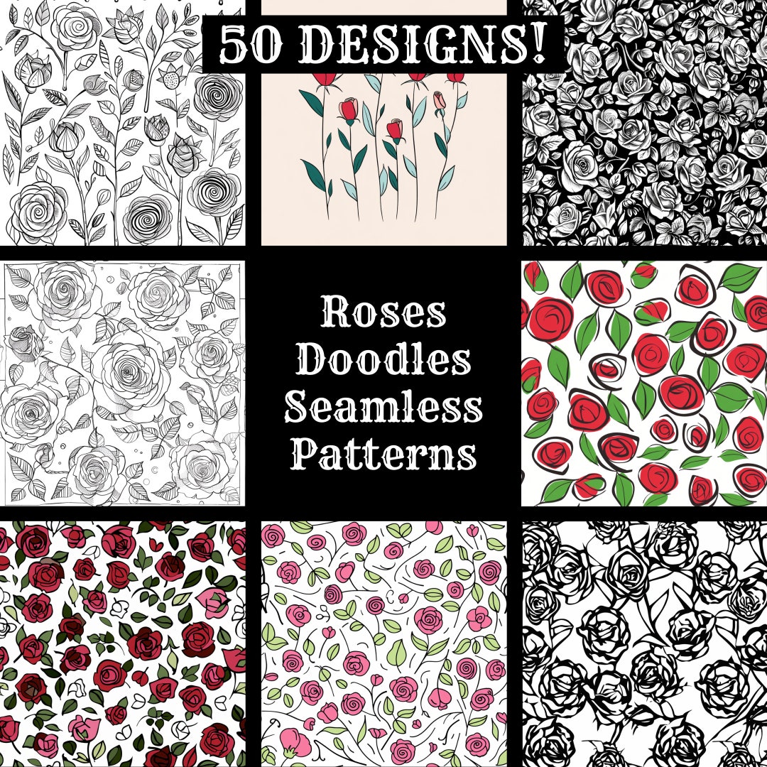 Roses Doodles Seamless Digital Paper, Roses Doodles Printable Scrapbook ...