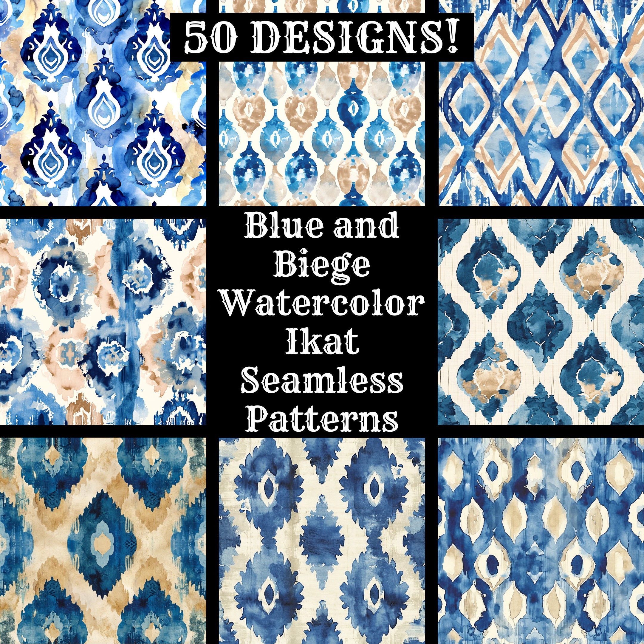 Blue and Biege Watercolor Ikat Seamless Digital Paper, Printable ...