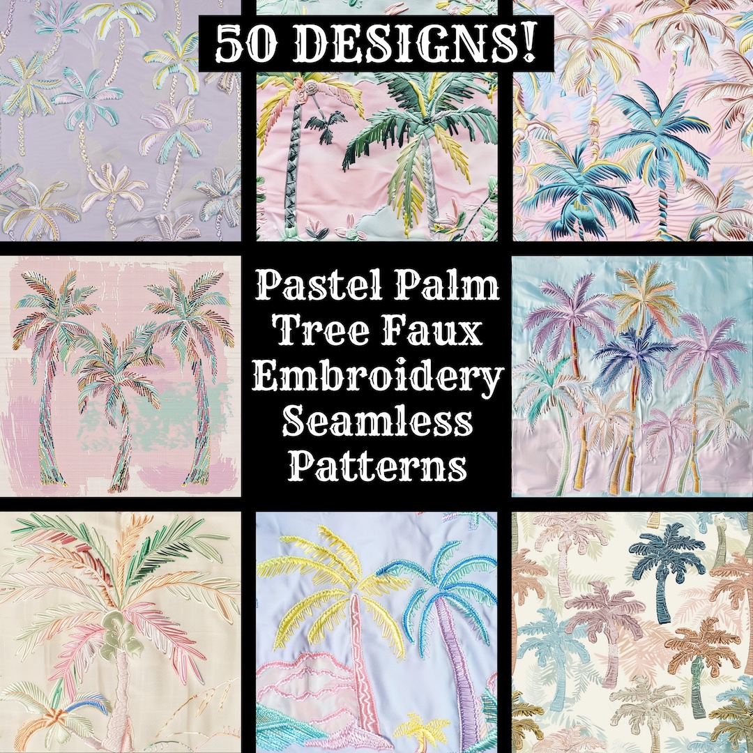 Pastel Palm Tree Seamless Pattern: Faux Embroidery Digital Paper (PNG ...