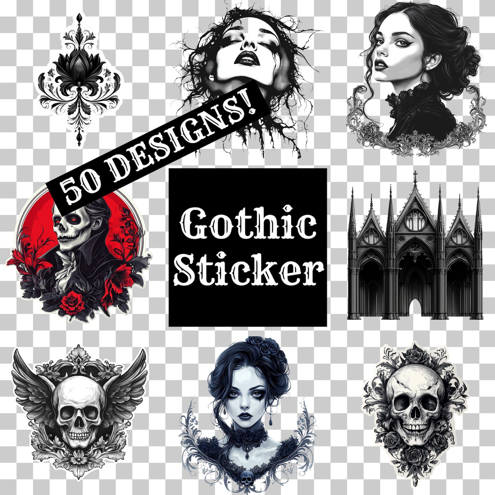 Gothic Sticker Clipart: 50 PNG Transparent Graphics (digital Download ...