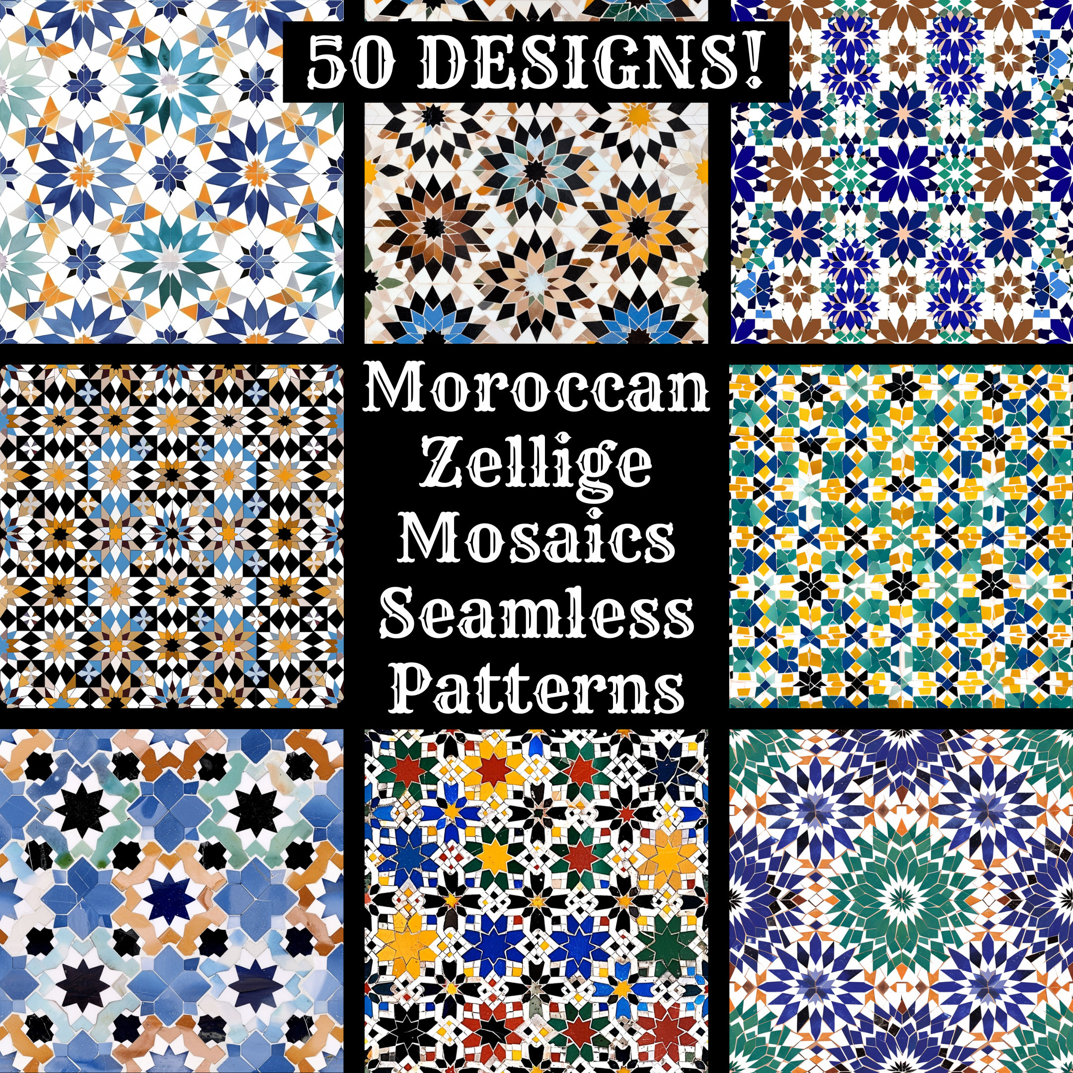 Moroccan Zellige Mosaic Seamless Patterns: 50 PNG Digital Papers ...