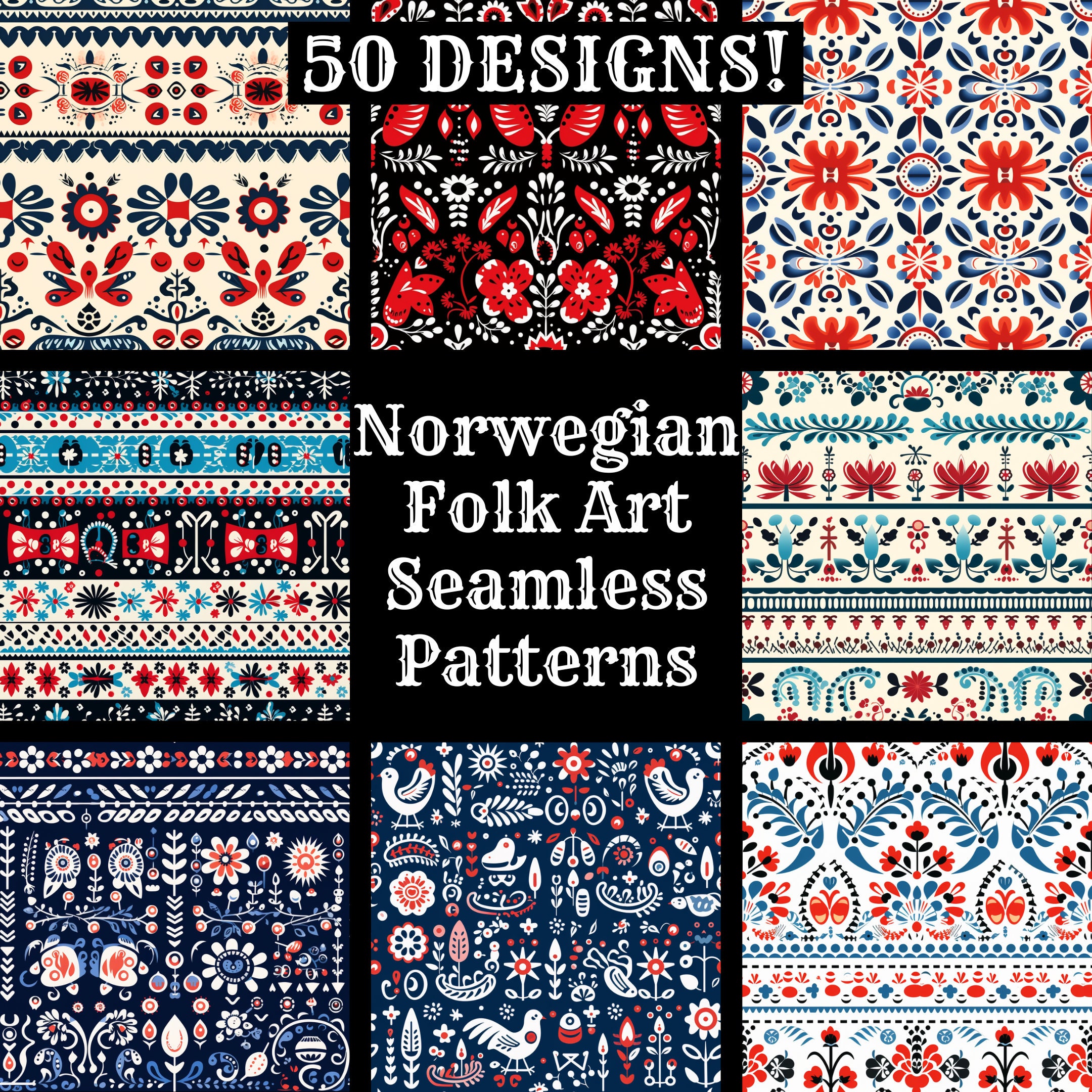 Norwegian Folk Art Seamless Patterns: Digital Scrapbook Paper (PNG) - Etsy