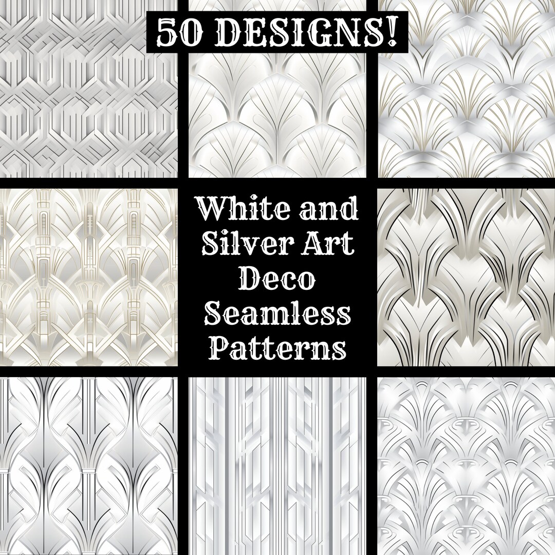 White and Silver Art Deco Seamless Digital Paper, Printable Scrapbook ...