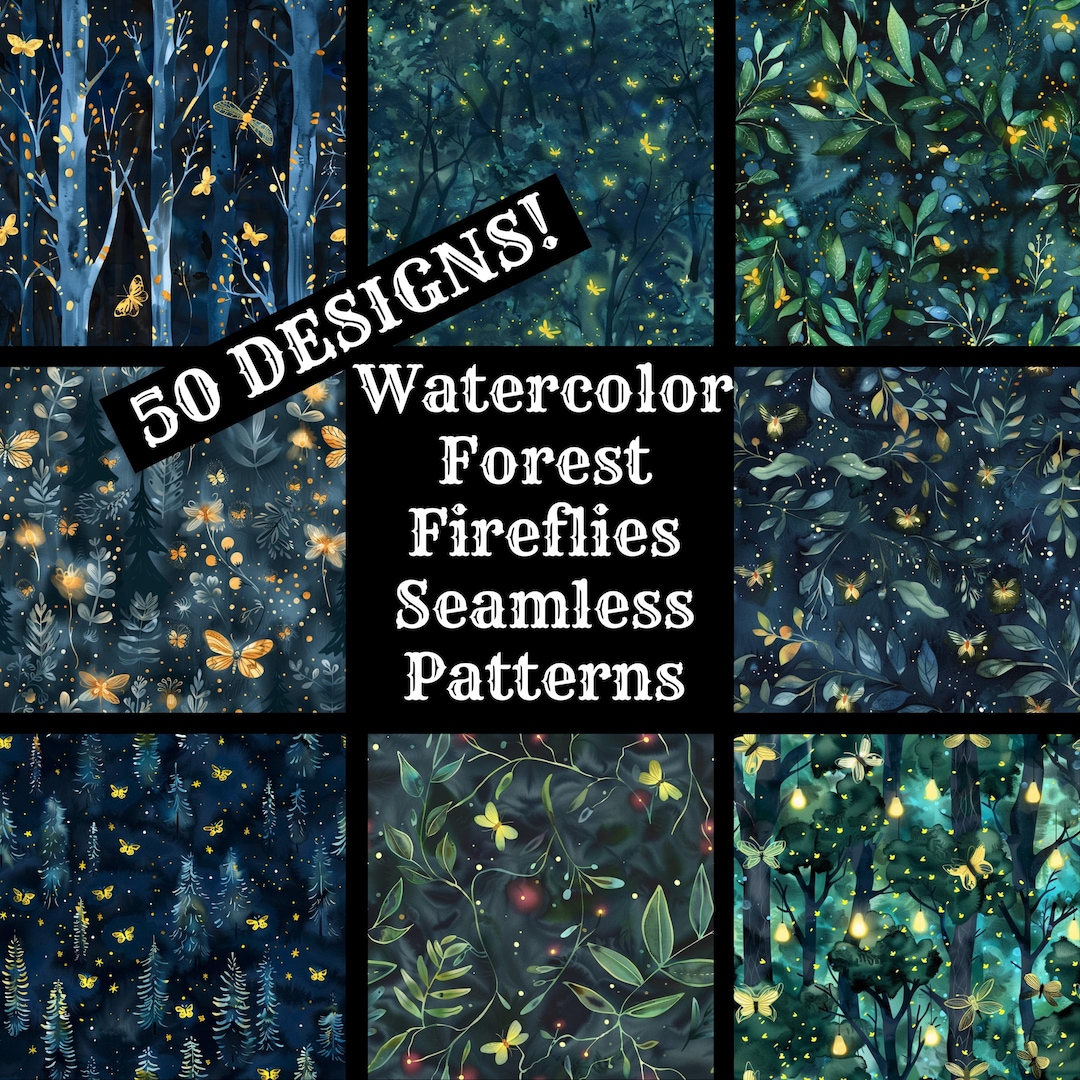 Watercolor Forest Fireflies Seamless Pattern: Digital Paper (PNG) - Etsy