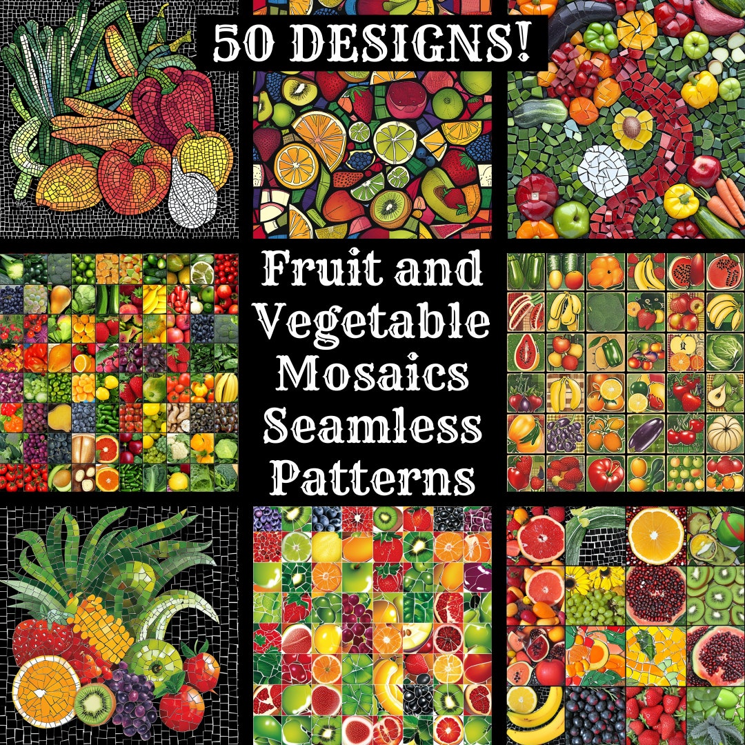 Fruit and Vegetable Mosaics Seamless Digital Paper, Printable Scrapbook ...