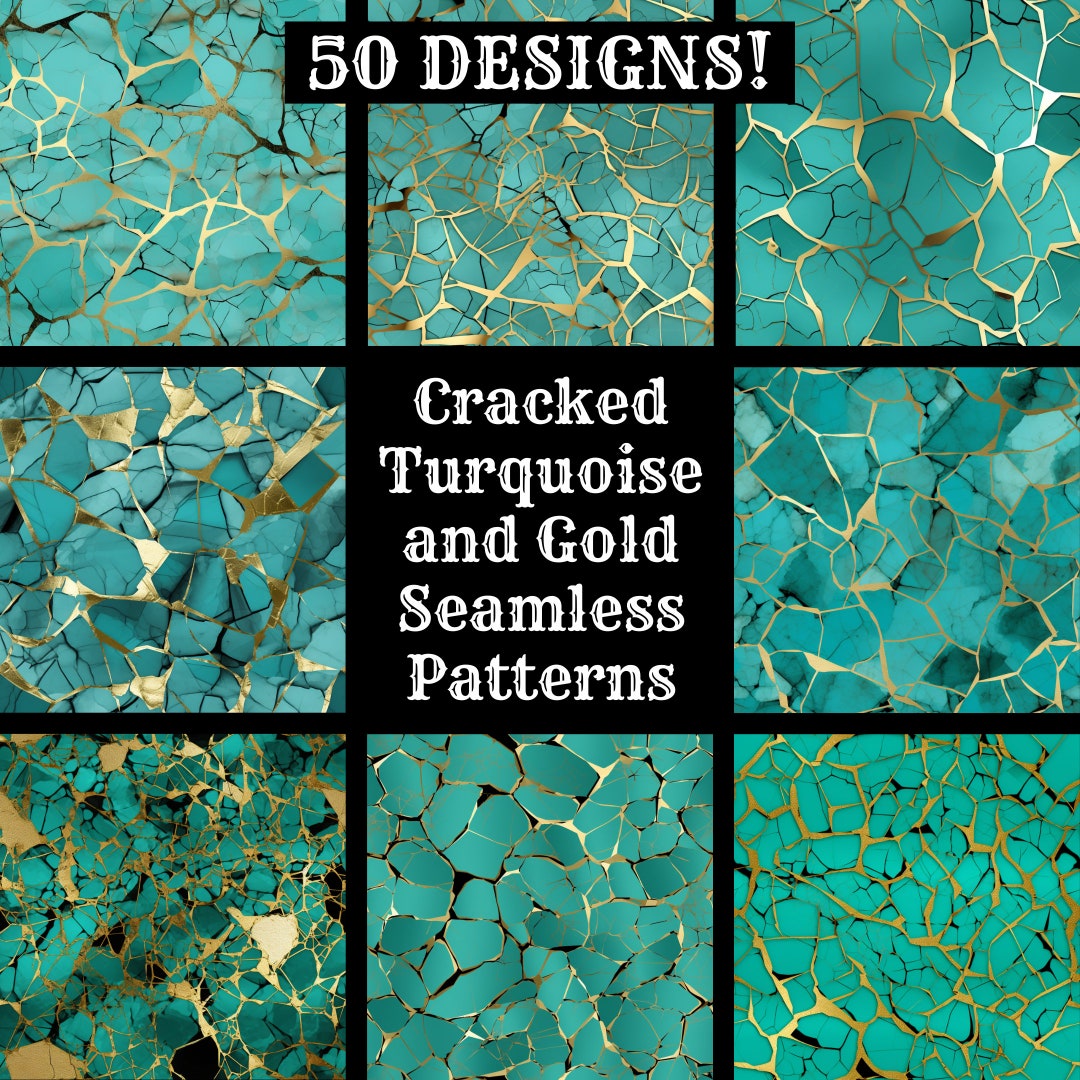 Cracked Turquoise & Gold Seamless Patterns: 50 PNG Digital Papers ...
