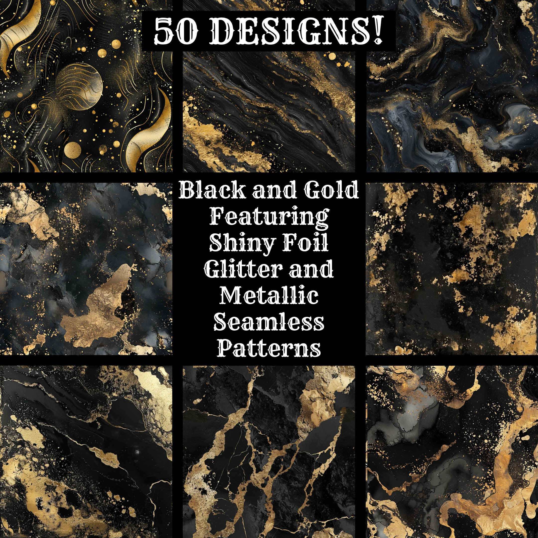 Black and Gold Featuring Shiny Foil Glitter Seamless Digital Paper ...