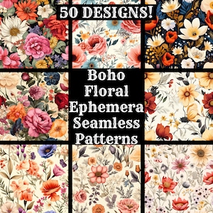 Boho Floral Ephemera Seamless Digital Paper, Printable Scrapbook Paper Seamless Textures ...