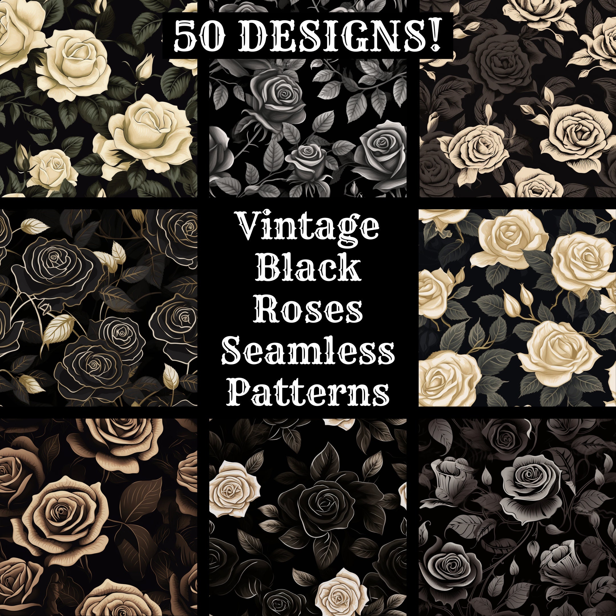 Vintage Black Roses Seamless Digital Paper, Printable Scrapbook Paper ...