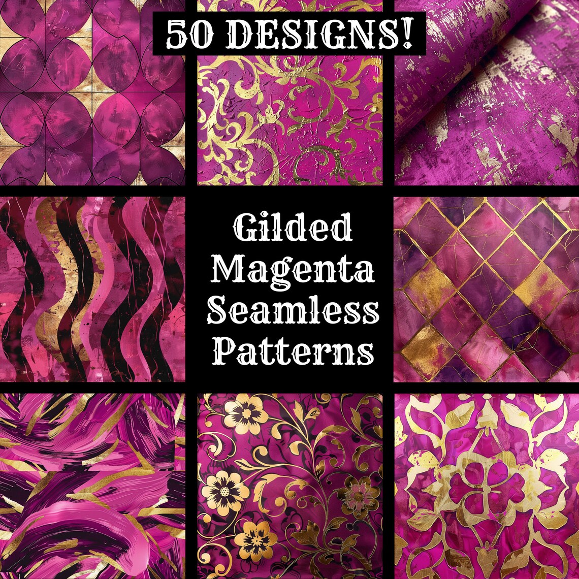 Gilded Magenta Seamless Paper Textures: 50 PNG Designs (digital ...