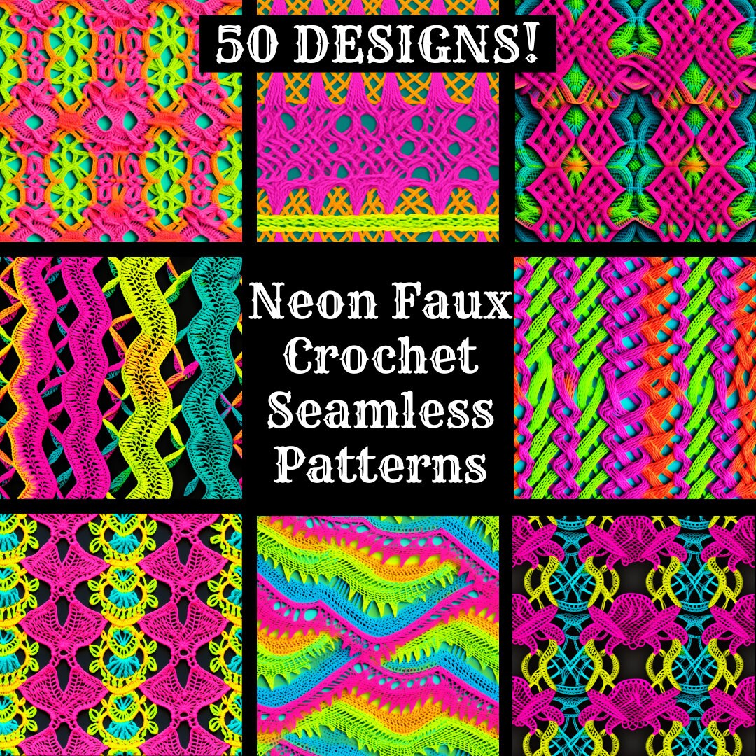 Neon Faux Crochet Seamless Patterns: 50 PNG Digital Papers (digital ...