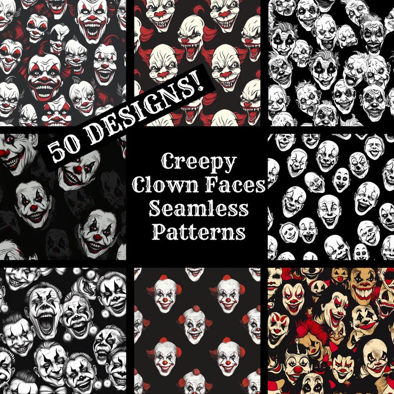 Creepy Clown Faces Seamless Pattern: 50 PNG Digital Papers (digital ...