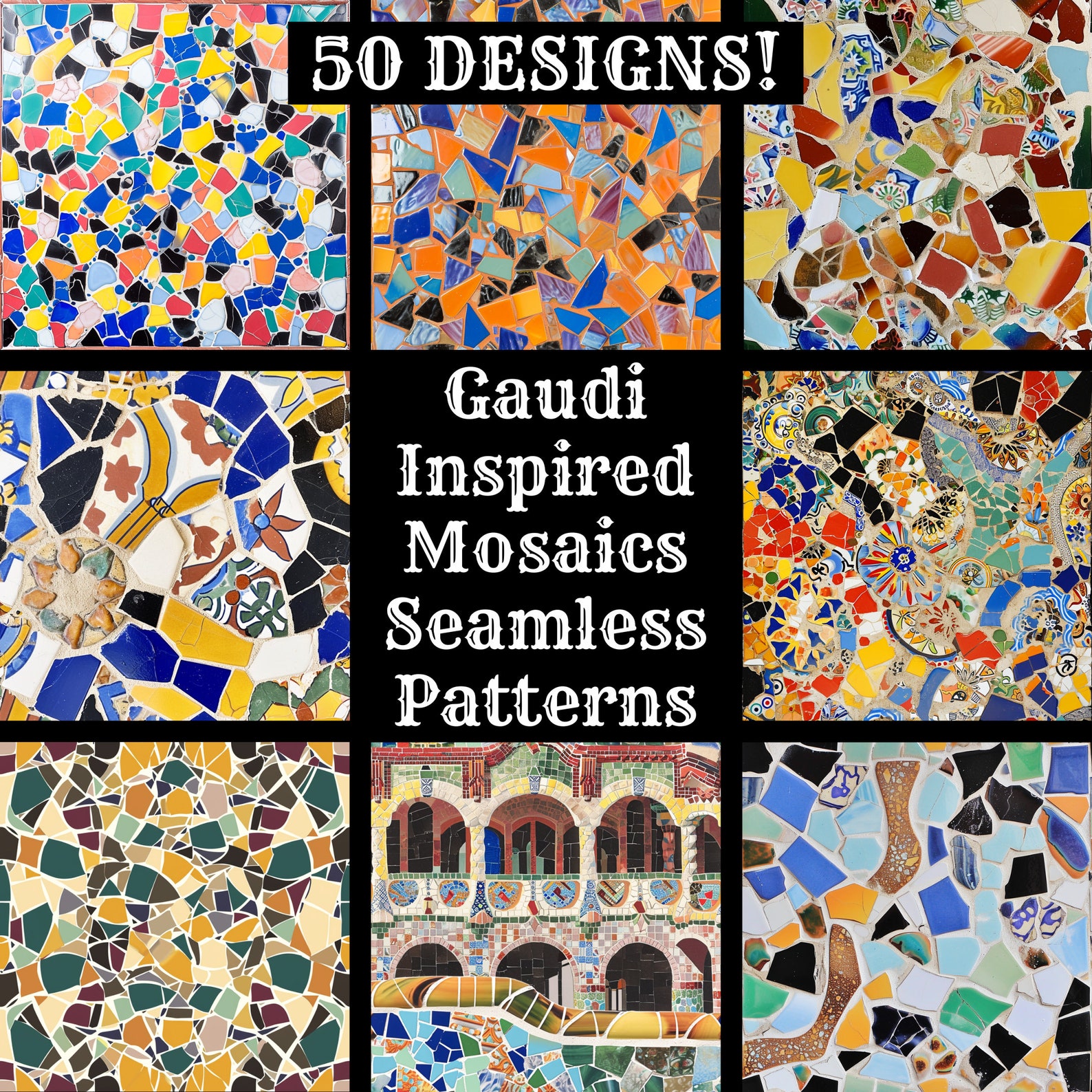 Gaudi Inspired Mosaic Seamless Patterns: Digital Paper (PNG) - Etsy