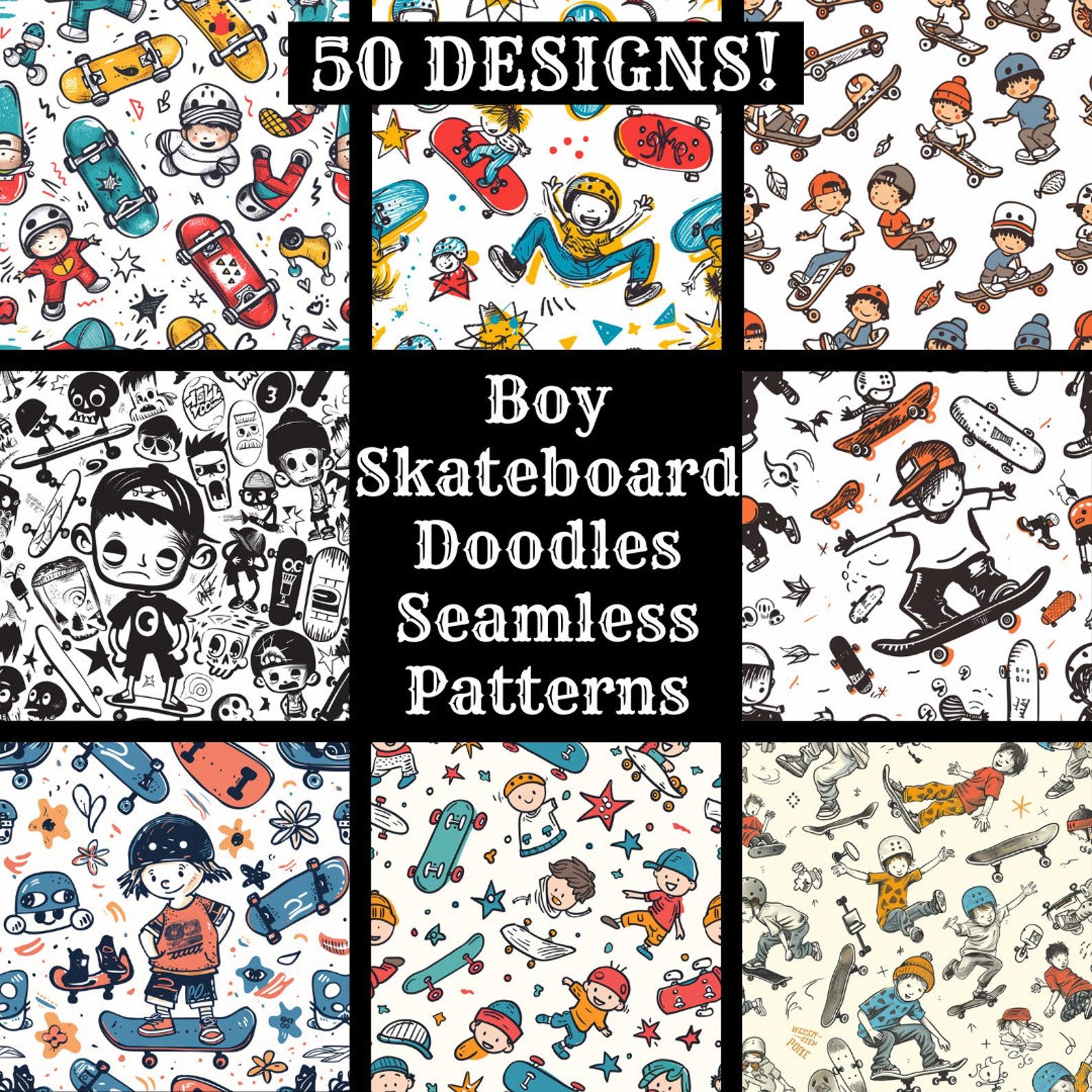 Boy Skateboard Doodles Seamless Pattern: Scrapbook Paper (digital ...
