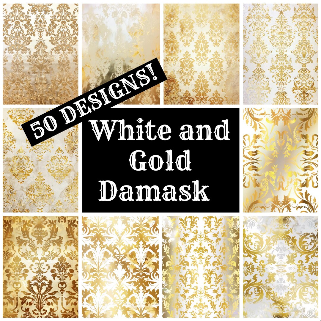 White and Gold Damask Digital Paper: Vintage Journal Inserts (PNG ...