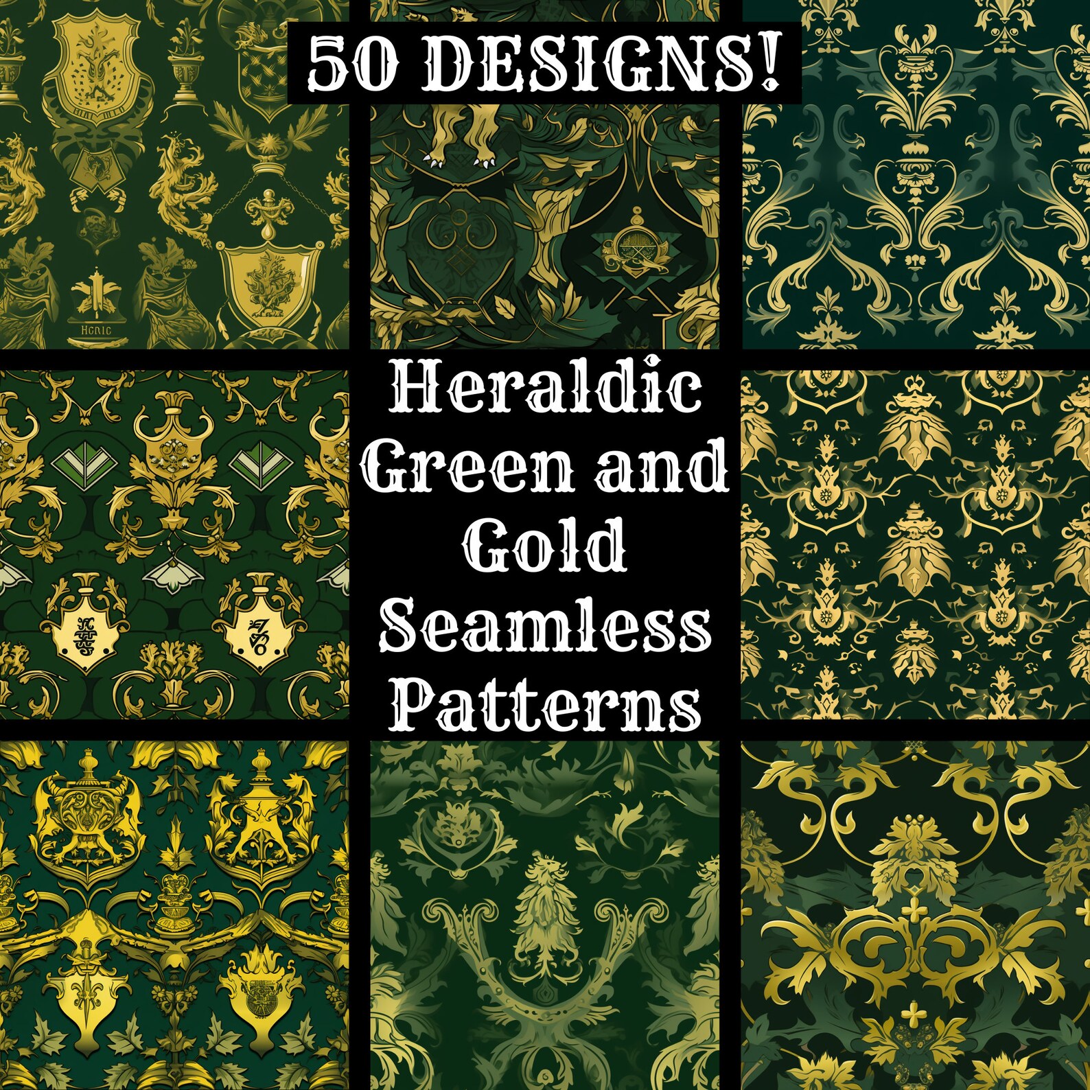 Heraldic Green and Gold Seamless Digital Paper, Printable Scrapbook ...