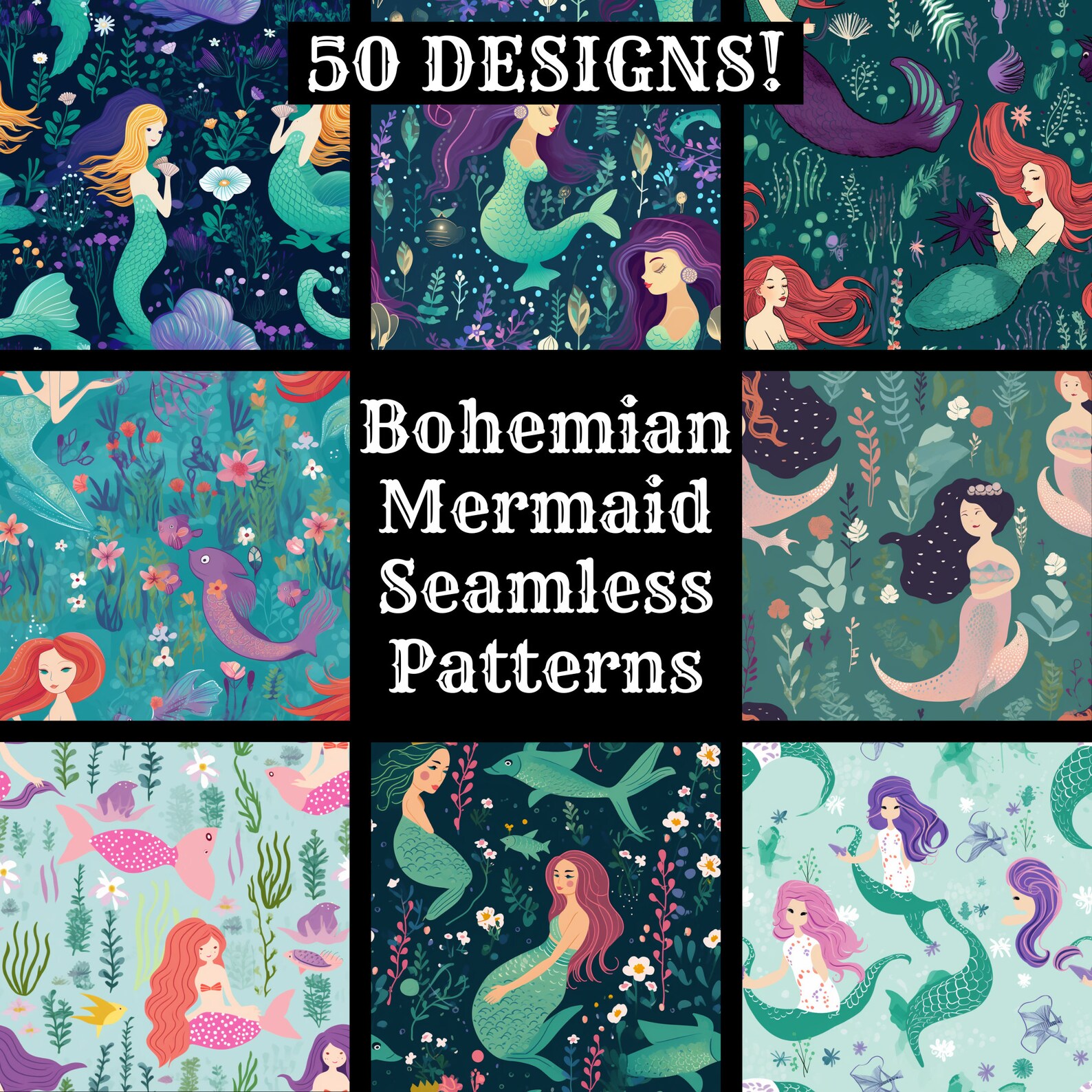 Bohemian Mermaid Seamless Digital Paper, Printable Scrapbook Paper ...