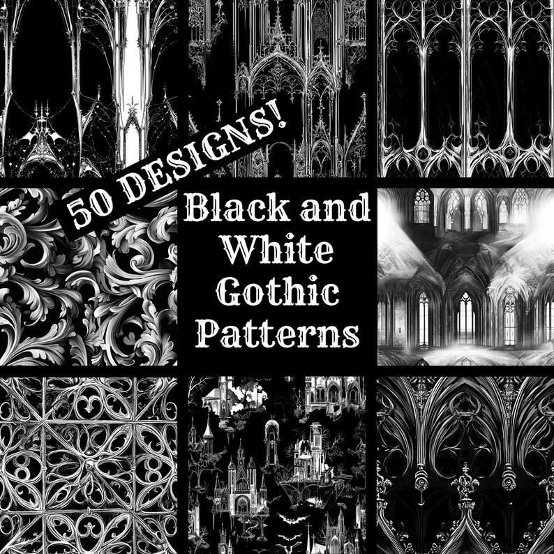 Black and White Gothic Seamless Patterns: 50 PNG Digital Papers ...