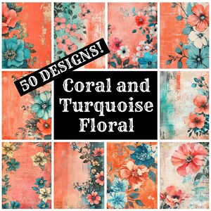 Coral and Turquoise Floral Journal Paper, Coral and Turquoise Floral ...