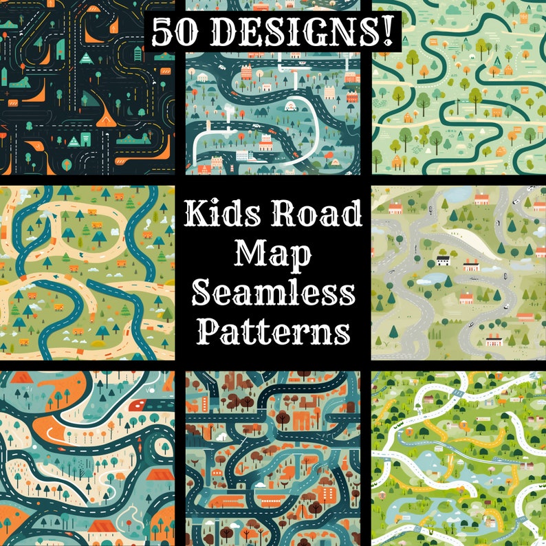 Kids Road Map Seamless Digital Paper, Printable Scrapbook Paper ...