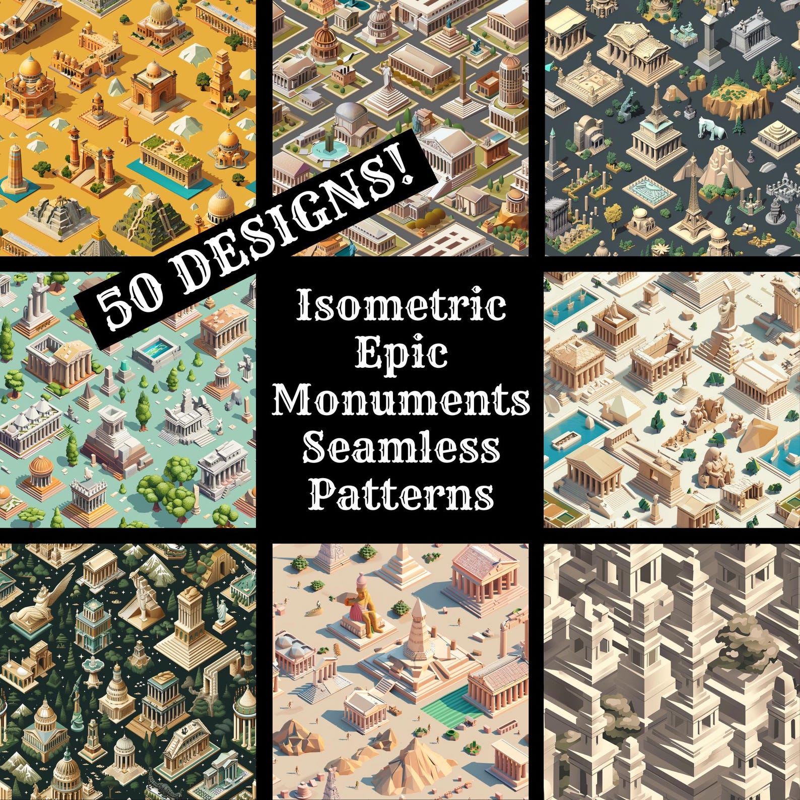 Isometric Monuments Seamless Pattern: 50 PNG Digital Papers (digital ...