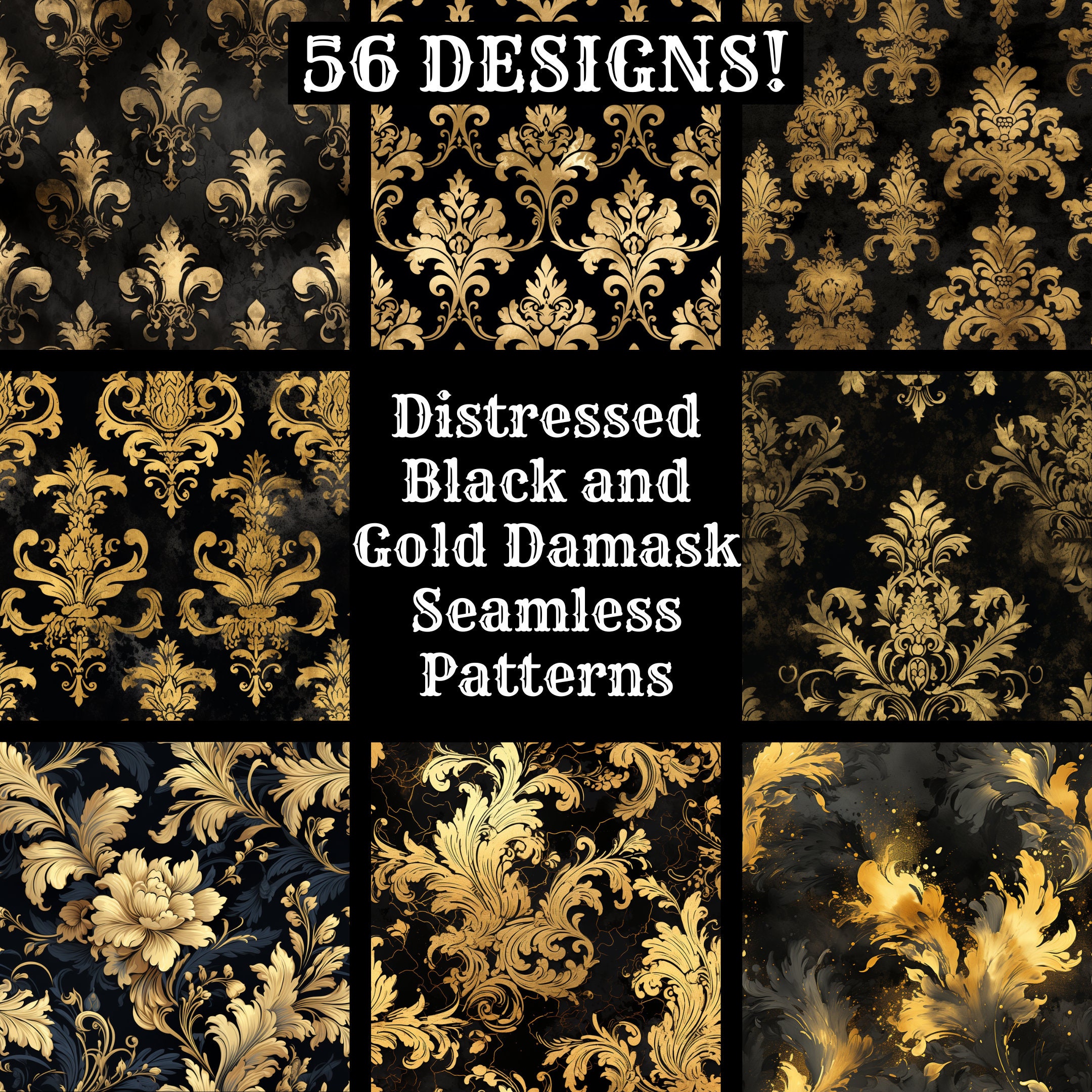 Distressed Black and Gold Damask Seamless Digital Paper, Printable ...