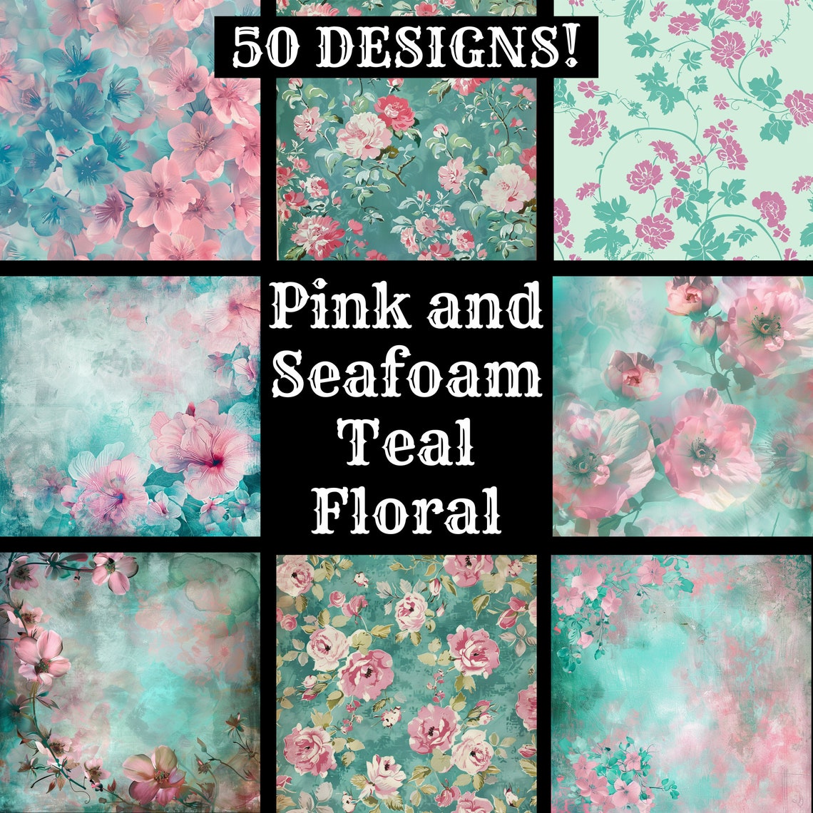 Pink and Teal Floral Digital Paper: High-resolution Scrapbook (digital ...