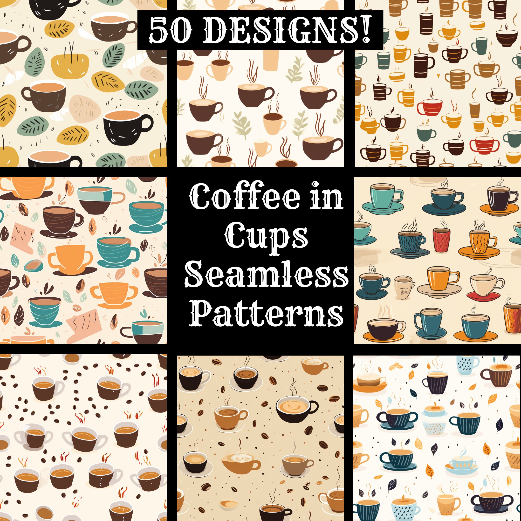 Coffee in Cups Seamless Digital Paper, Printable Scrapbook Paper ...