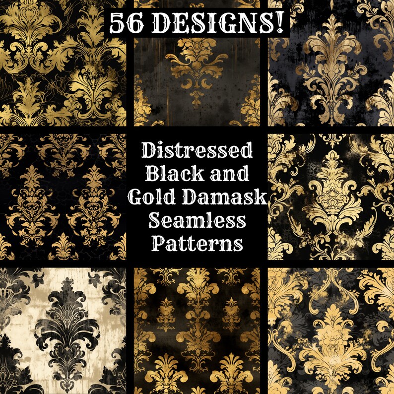 Distressed Black and Gold Damask Seamless Digital Paper, Printable ...