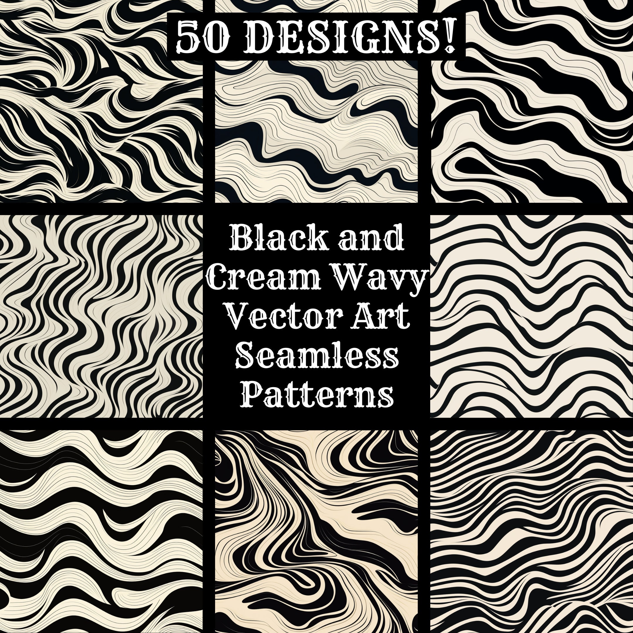 Black and Cream Wavy Vector Art Seamless Digital Paper - Etsy