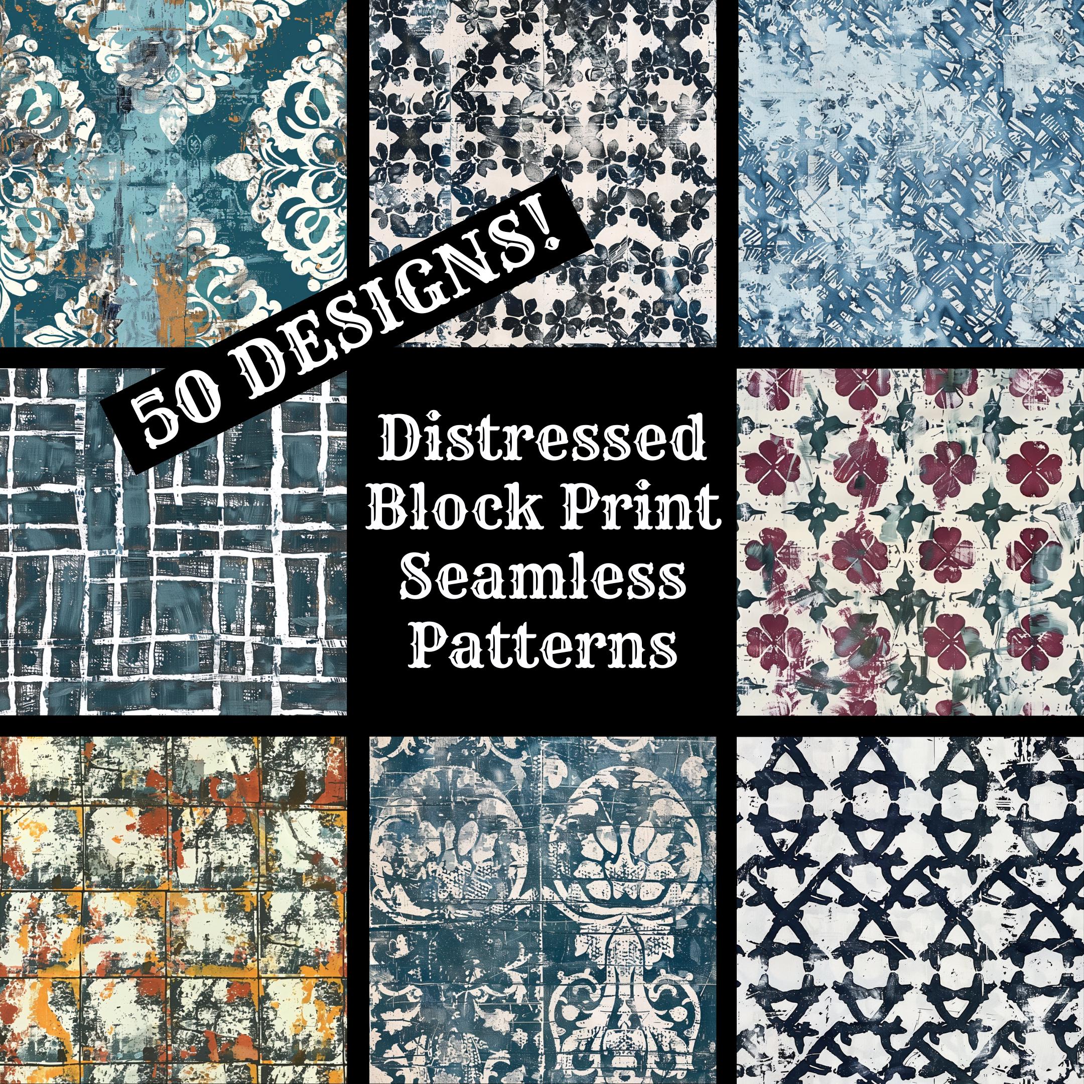 Distressed Block Print Seamless Patterns: 50 PNG Digital Papers ...