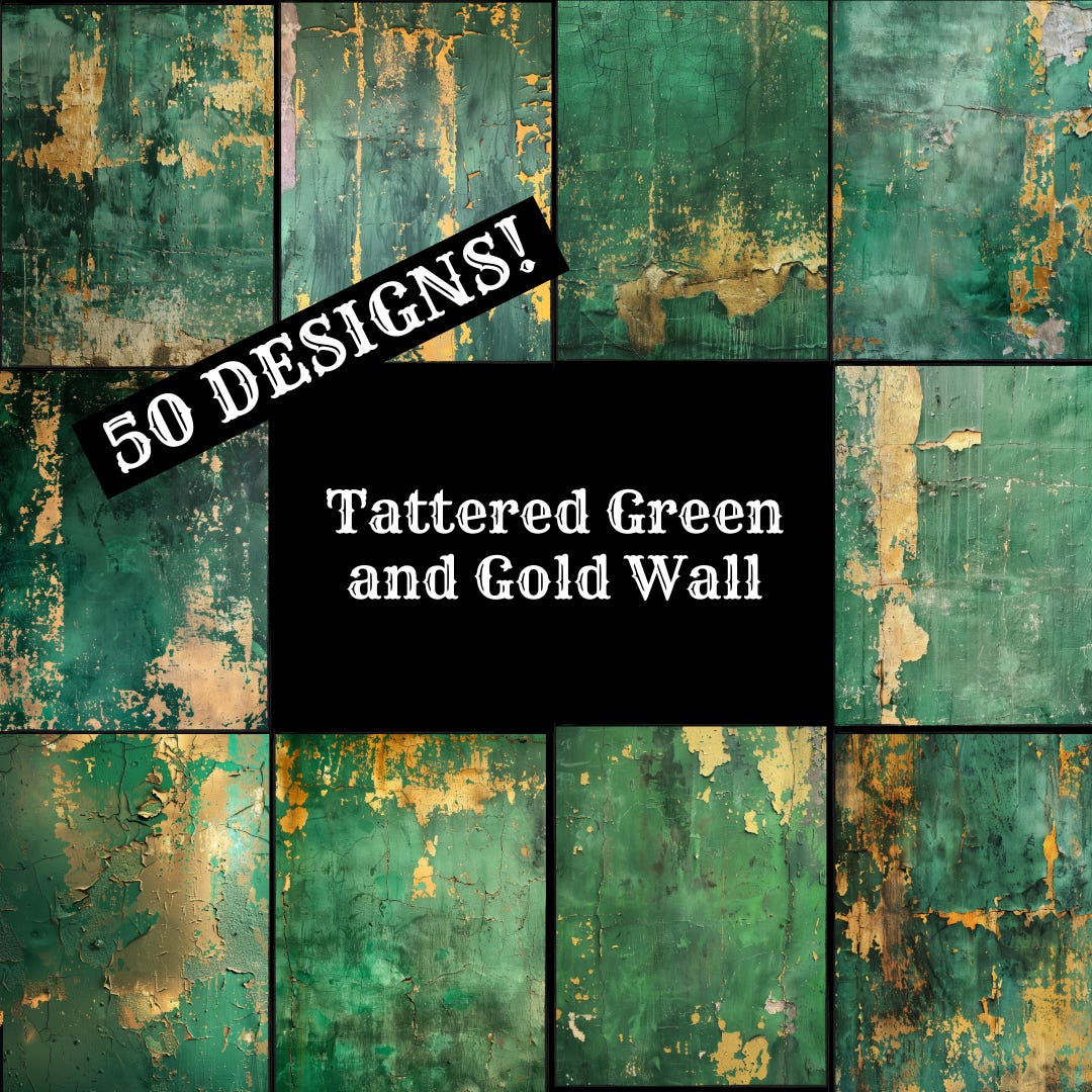 Tattered Green & Gold Journal Paper: Vintage Wall Texture (PNG Digital ...