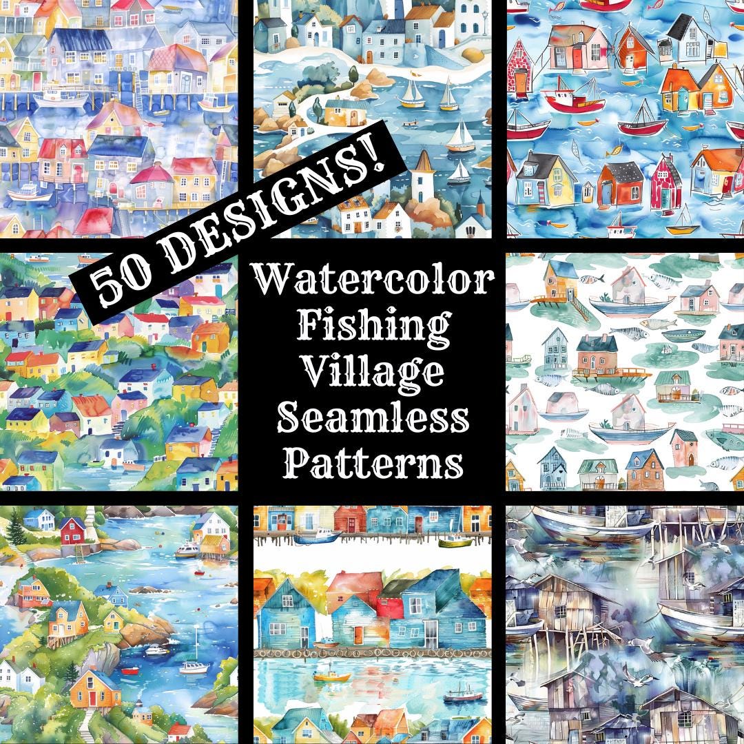 Watercolor Fishing Village Seamless Pattern: Scrapbook Paper (digital ...