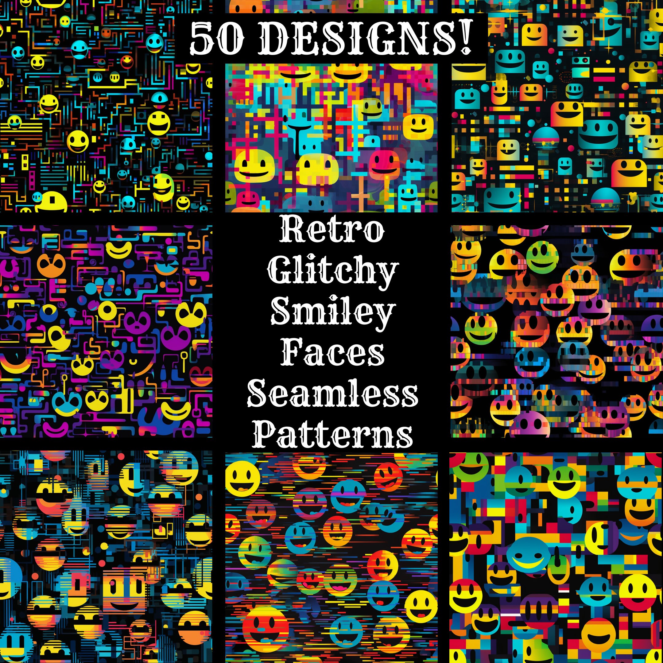 Retro Glitchy Smiley Faces Seamless Digital Paper, Printable Scrapbook ...