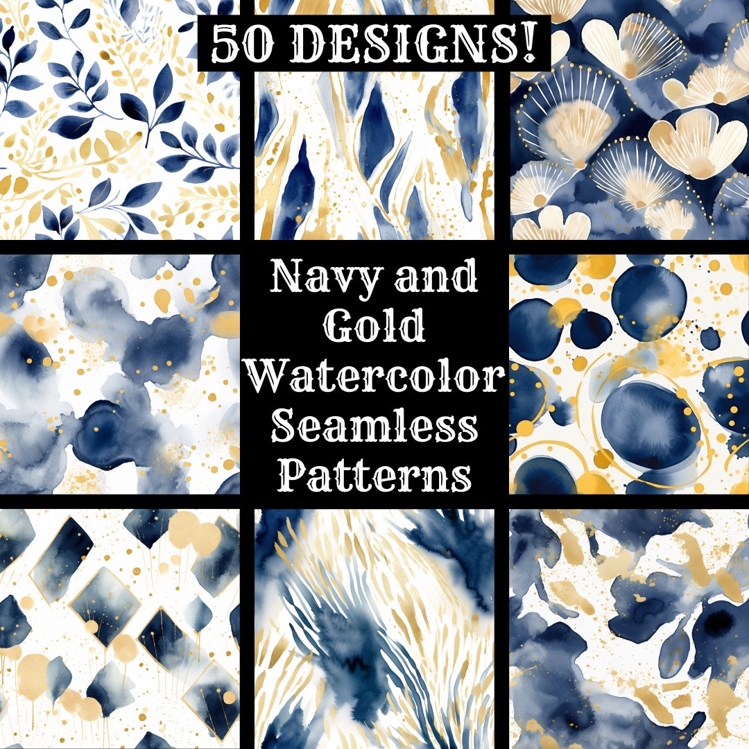 Navy and Gold Watercolor Seamless Patterns: 50 Designs (digital ...