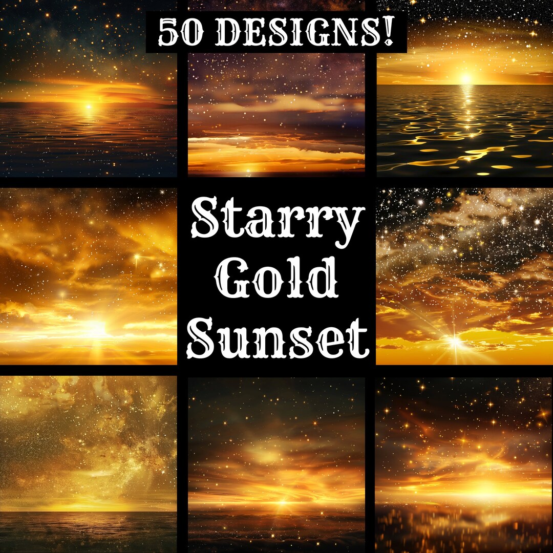 Starry Gold Sunset Paper, Starry Gold Sunset Printable Paper, Vintage ...