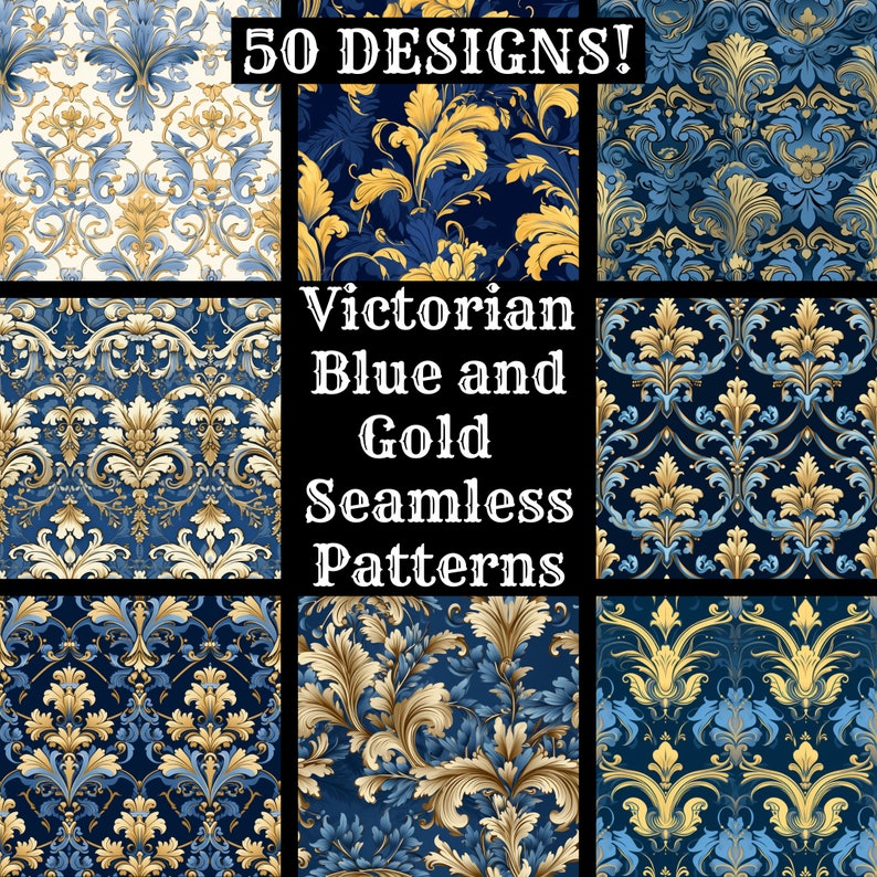 Victorian Blue & Gold Seamless Patterns: Digital Scrapbook Paper (PNG ...