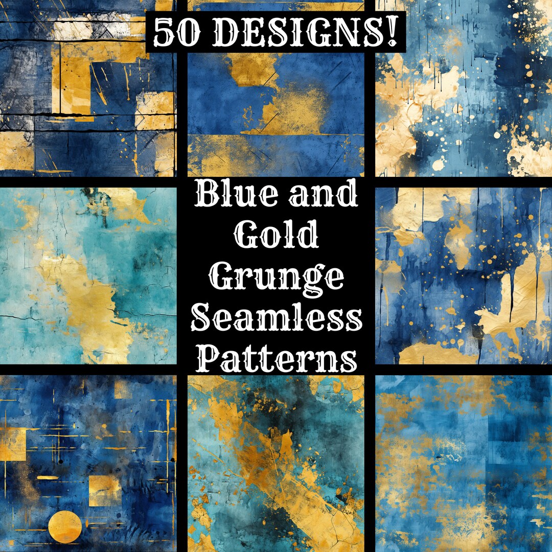 Blue and Gold Grunge Seamless Digital Paper, Printable Scrapbook Paper ...