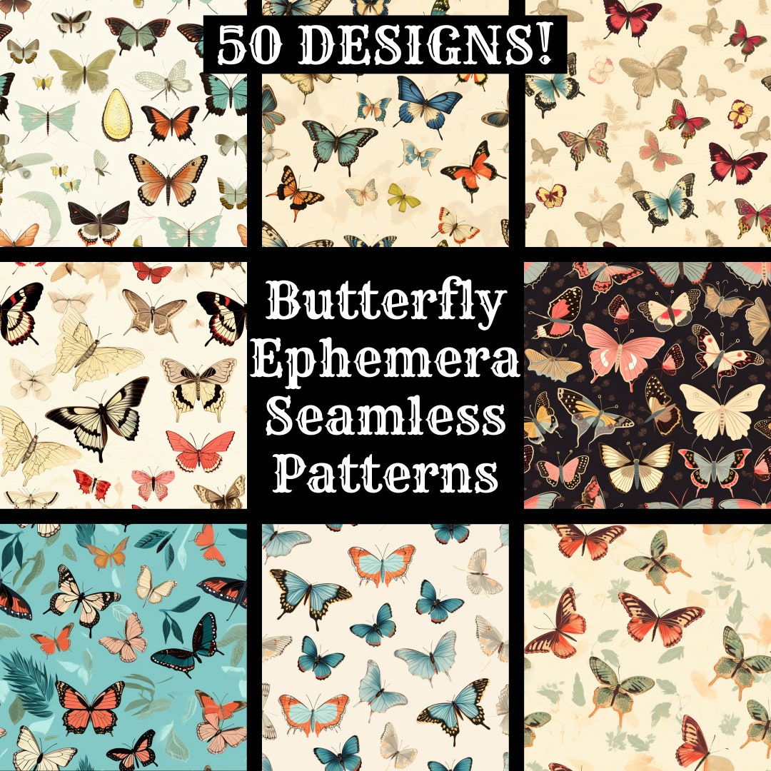 Butterfly Ephemera Seamless Digital Paper, Printable Scrapbook Paper ...