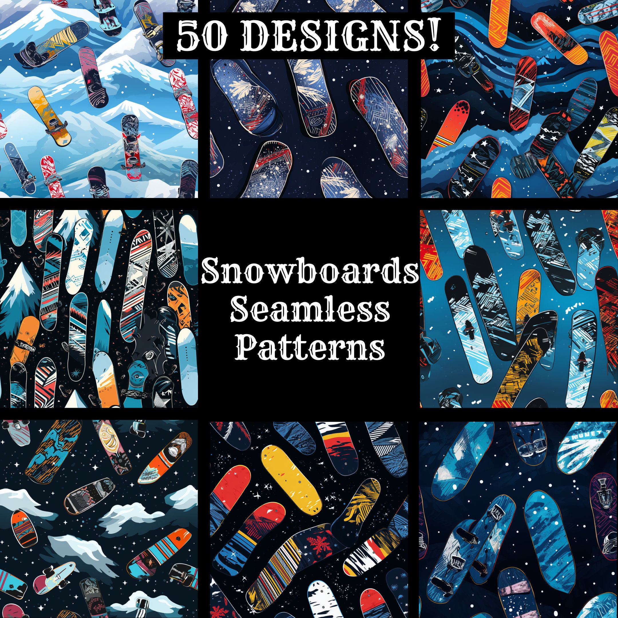Snowboards Seamless Pattern: 50 PNG Digital Papers (digital Download ...