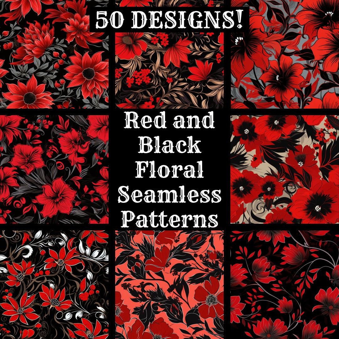 Red and Black Floral Seamless Digital Paper, Printable Scrapbook Paper ...