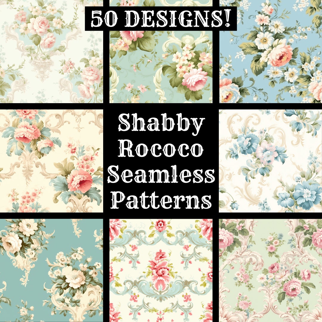 Shabby Rococo Floral Seamless Patterns: 50 PNG Digital Papers (digital ...