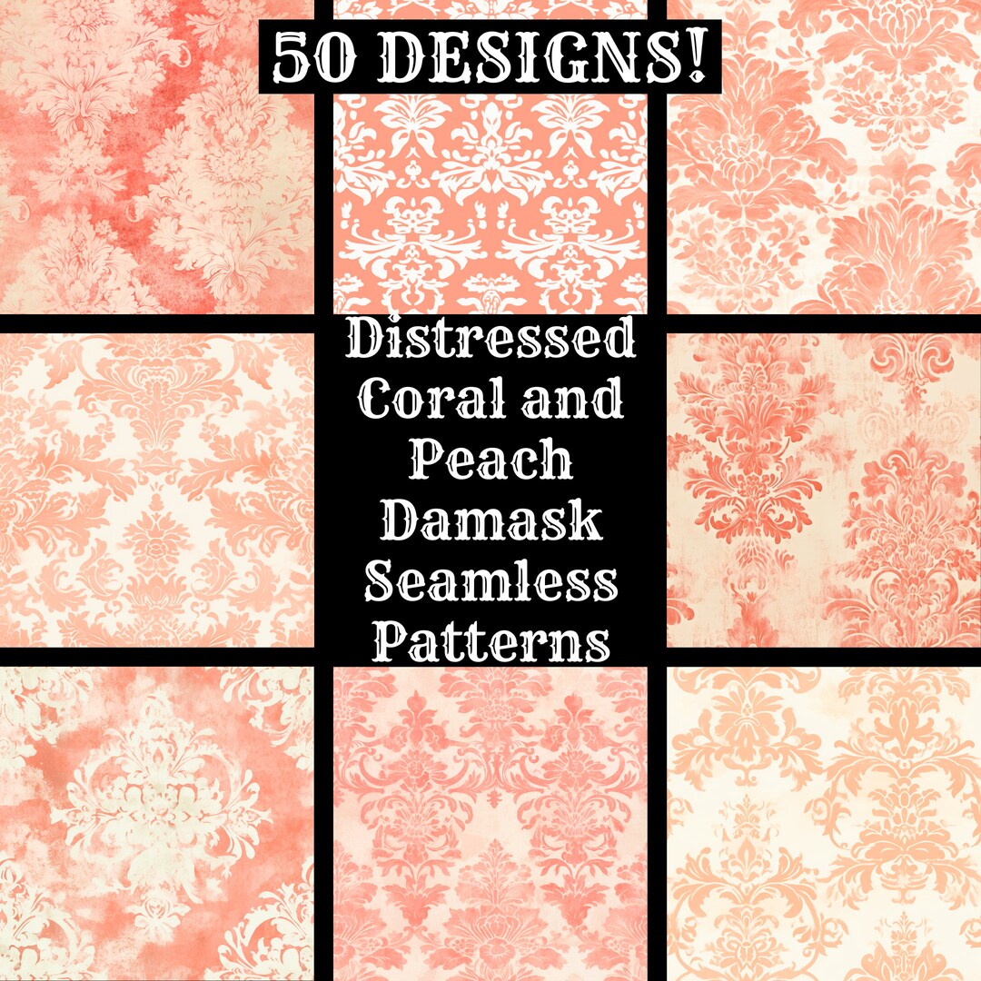 Coral Peach Damask Digital Paper: Distressed Seamless Textures (digital ...