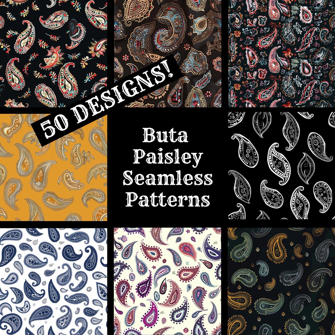 Buta Paisley Seamless Patterns: 50 PNG Digital Papers (digital Download ...