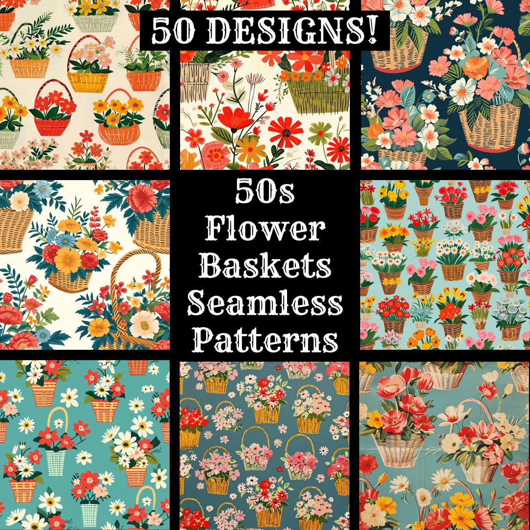 50s Flower Basket Seamless Pattern: Vintage Floral (digital Download ...