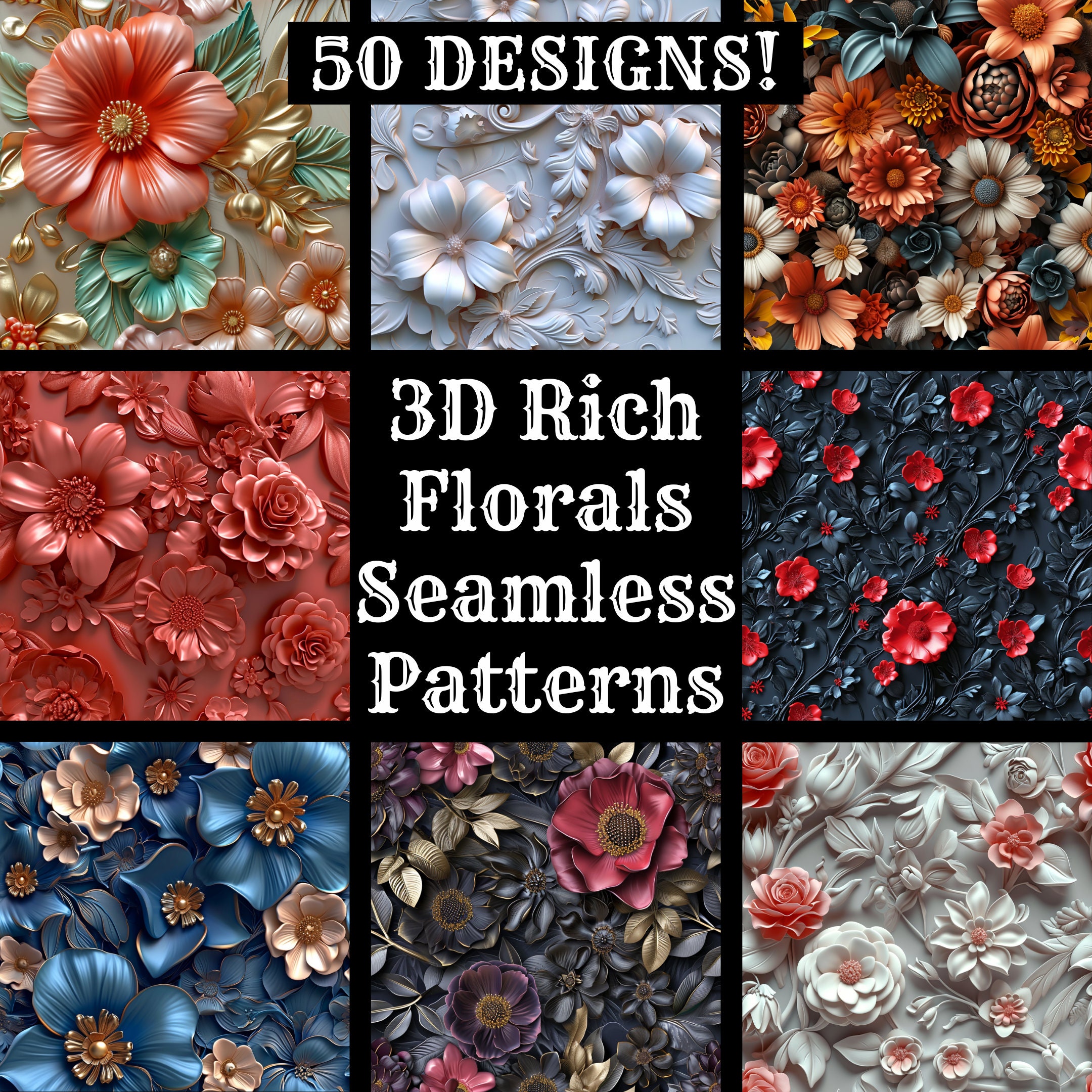 3D Floral Seamless Patterns: Rich PNG Digital Paper (digital Download ...